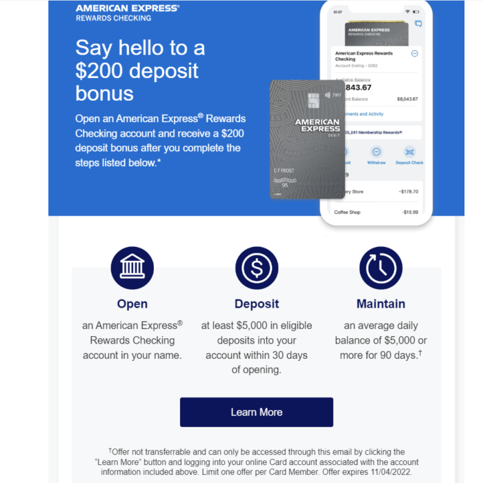 Amex Rewards Checking 银行账户【2022.10 更新：$200 Targeted Offer】 - 美国信用卡指南